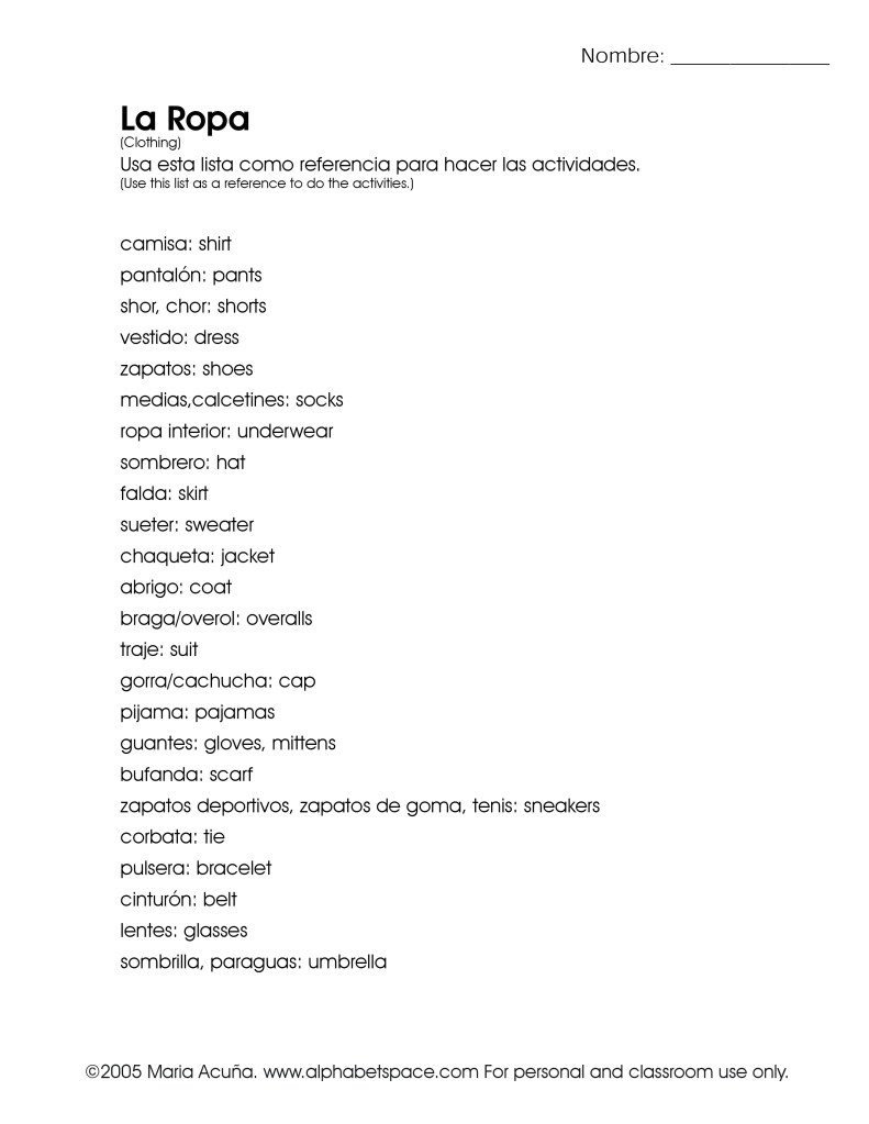 La Ropa / Clothing – Alphabet Space