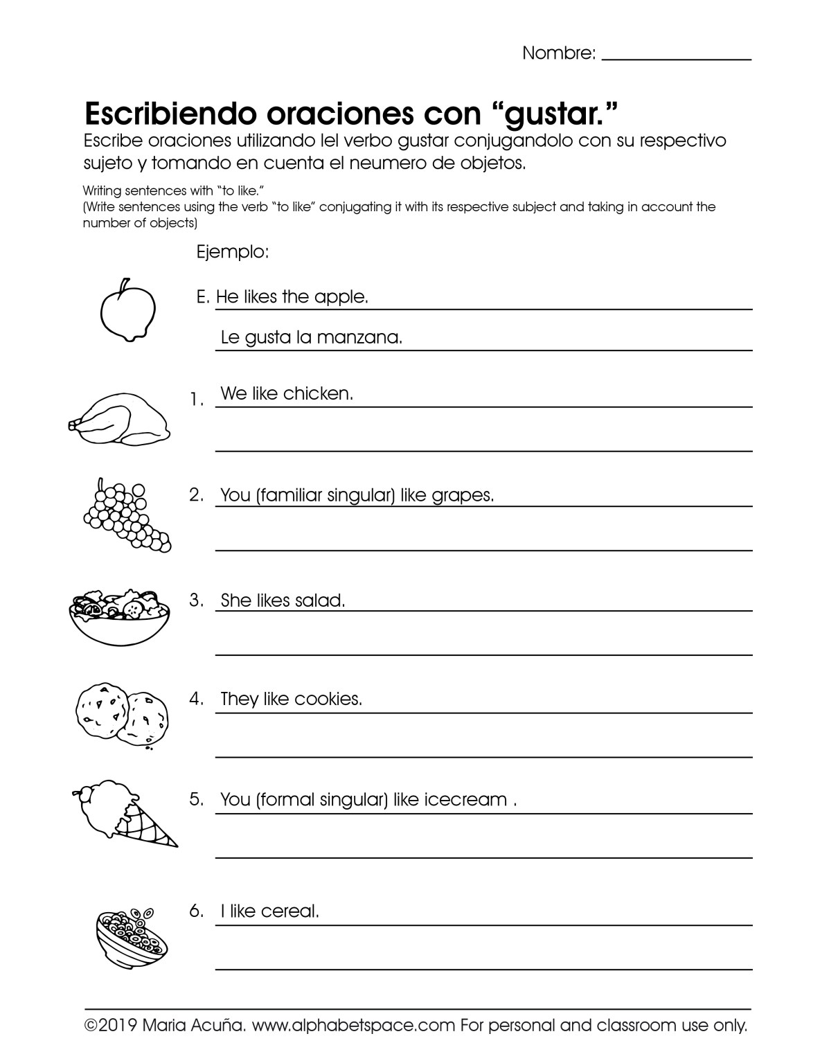 Verbo Gustar Worksheets 4-9 – Alphabet Space