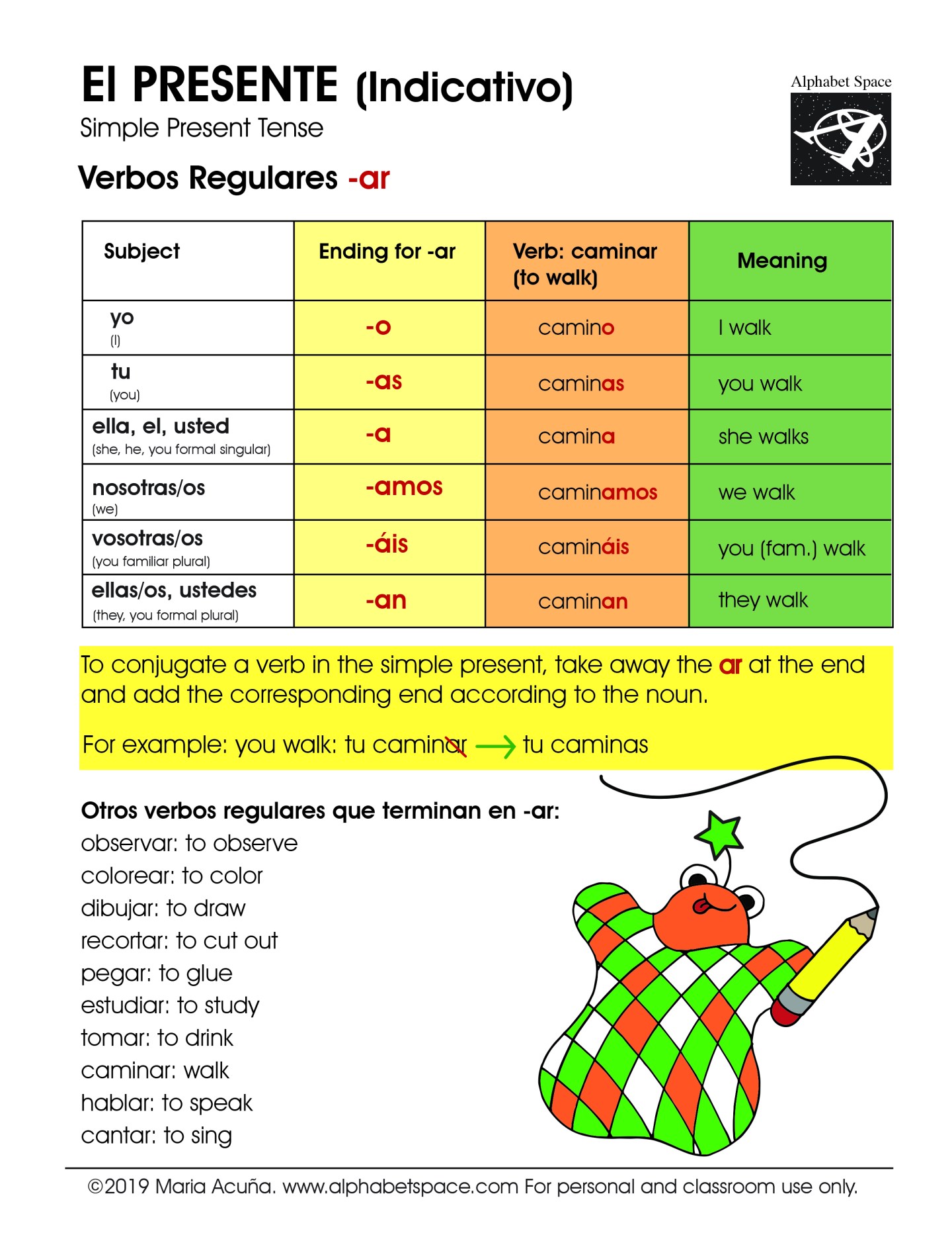 Presente Indicativo. Verbos regulares -ar – Alphabet Space