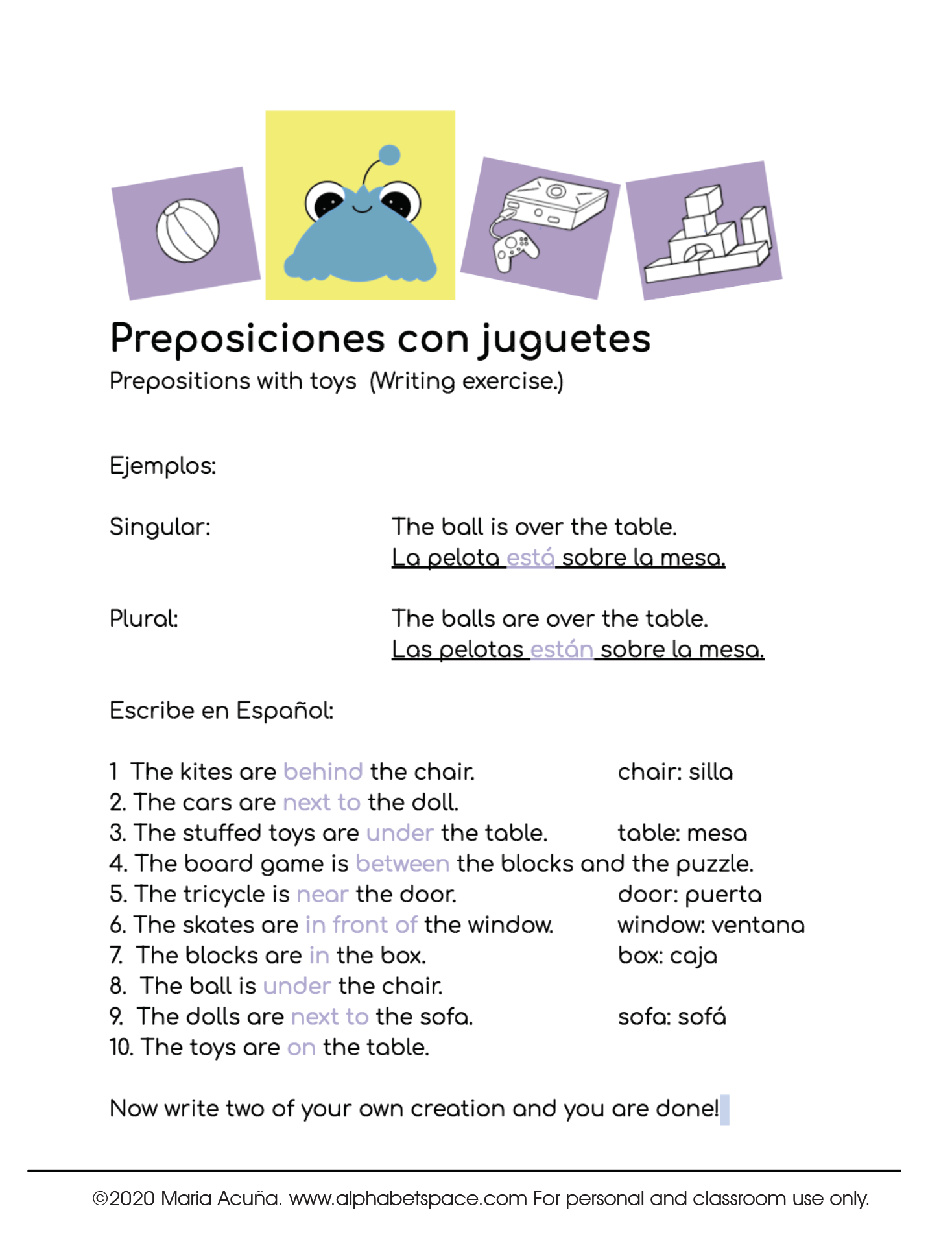 Preposiciones de Lugar / Prepositions – Alphabet Space
