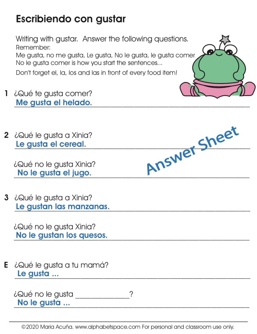 Verbo Gustar Worksheets 4-9 – Alphabet Space