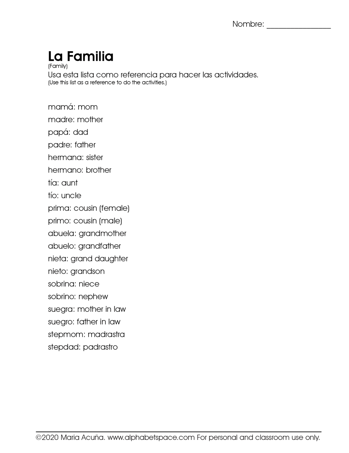 The Family / La Familia – Alphabet Space