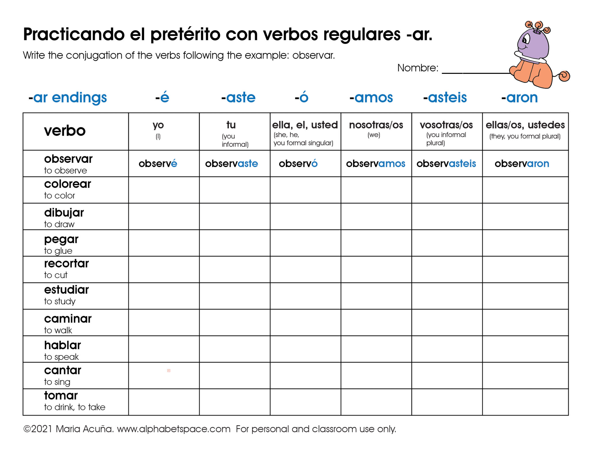 Pretérito / Simple Past Tense. Regular Verbs. – Spanish Learning Resources