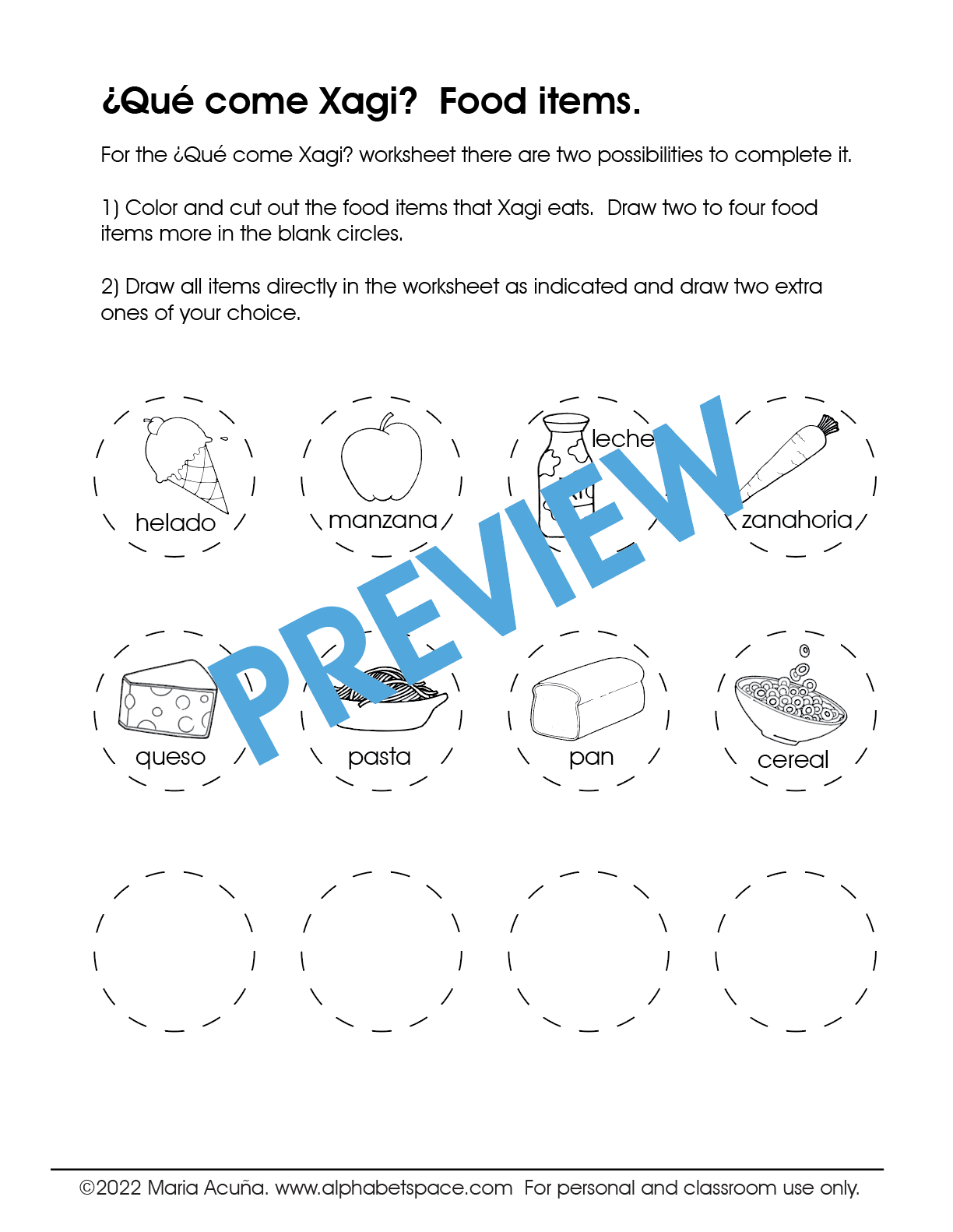 Los Alimentos Worksheets K-3 – Alphabet Space