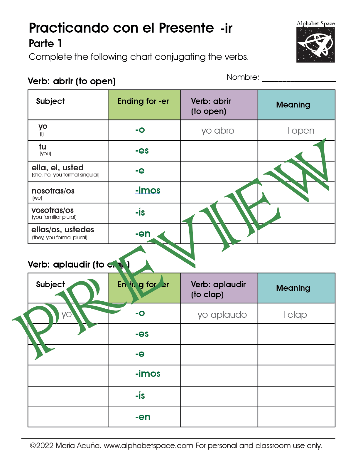 Presente Indicativo. Verbos Regulares -ir. – Spanish Learning Resources