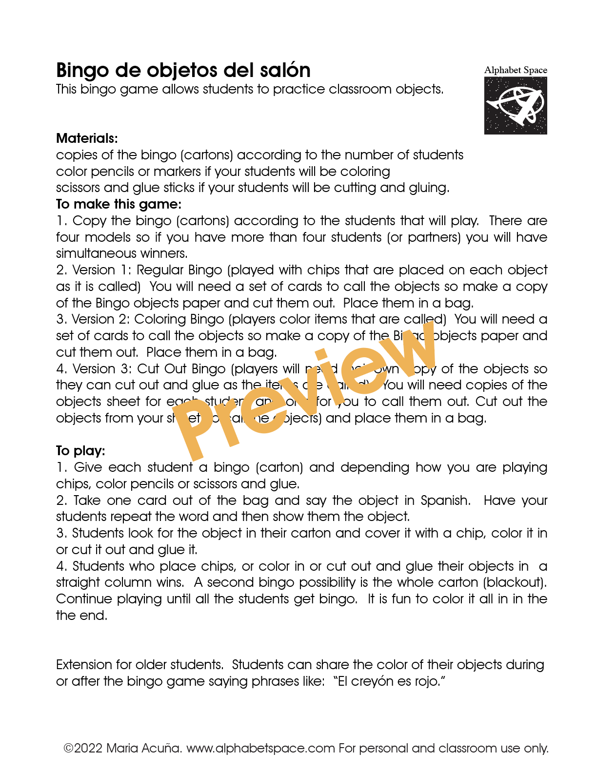 Los Objetos del Salón / Classroom Objects – Spanish Learning Resources