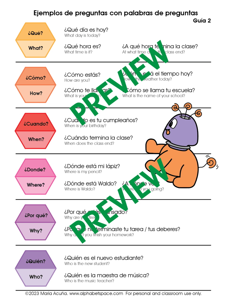 Palabras de Preguntas / Question words in Spanish – Alphabet Space