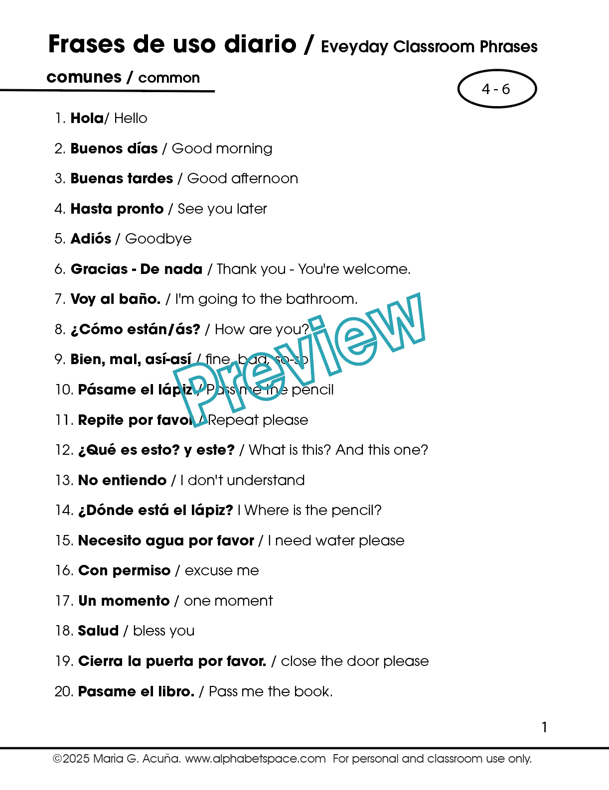 Spanish School Phrases – Alphabet Space